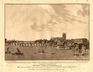 view of westminster, taken upon the thames, at the period of the building of the bridge