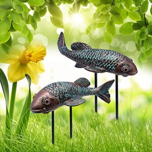 Garden Sculptures & Statues,Koi Fish Decor,Garden Fish Art,Set of 2 Antique Ceramic Koi Fish Yard Art Decor,Glowing Garden Fish at Night,for Outdoors,Patio,Yard,Lawn,Pond,Home Decoration (Bronz)