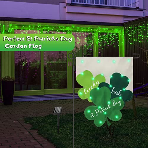 22 LED Solar St Patrick's Day Garden Flag 8 Lighting Modes 13 x 16.1 Inch Double Sided Vertical Shamrock Garden Flag for St Patrick's Day Garden Outdoor Yard Light Decoration