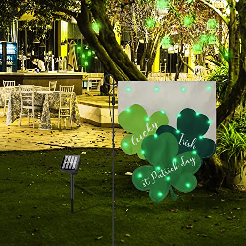 22 LED Solar St Patrick's Day Garden Flag 8 Lighting Modes 13 x 16.1 Inch Double Sided Vertical Shamrock Garden Flag for St Patrick's Day Garden Outdoor Yard Light Decoration