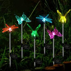 6 pcs solar garden lights, color changing butterfly, dragonfly & hummingbird lights, wireless solar garden stake lights for fence, yard, gardens, flowerbed decor