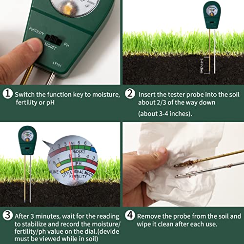 Soil Moisture Meter, 3 in 1 Soil Moisture/Soil Ph Meter/Fertility Soil Test Kit with 15 Labels Moisture Meter for House Plants Garden Lawn Farm