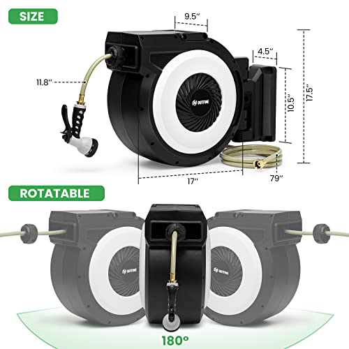 OUTFINE Heavy Duty Retractable Garden Hose Reel (1/2 100FT) Heavy Duty, Any Length Lock, Automatic Slow Return System, Wall Mounted and 180 Deg Swivel Bracket, 9 Pattern Hose Nozzle