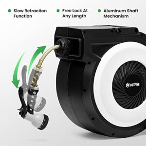 OUTFINE Heavy Duty Retractable Garden Hose Reel (1/2 100FT) Heavy Duty, Any Length Lock, Automatic Slow Return System, Wall Mounted and 180 Deg Swivel Bracket, 9 Pattern Hose Nozzle