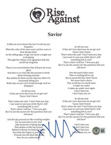 tim mcilrath signed autograph rise against savior lyric sheet 8.5×11 beckett coa