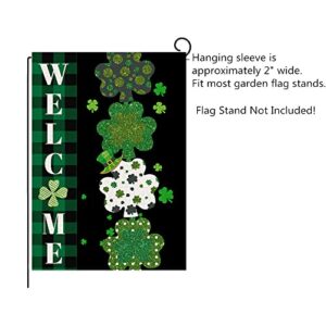 Shamrocks Welcome Garden Flags, St Patrick's Day Green Buffalo Plaid Garden Falg Vertical Double Sized Burlap Spring Flag for House Yard Outdoor Decor 12.5 x 18 Inch