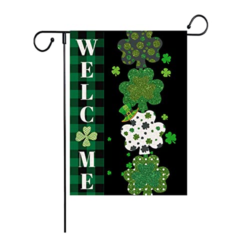 Shamrocks Welcome Garden Flags, St Patrick's Day Green Buffalo Plaid Garden Falg Vertical Double Sized Burlap Spring Flag for House Yard Outdoor Decor 12.5 x 18 Inch