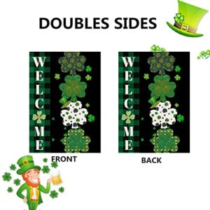 Shamrocks Welcome Garden Flags, St Patrick's Day Green Buffalo Plaid Garden Falg Vertical Double Sized Burlap Spring Flag for House Yard Outdoor Decor 12.5 x 18 Inch