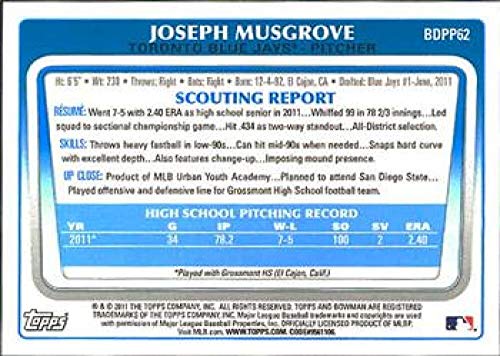 2011 Bowman Draft Prospects #BDPP62 Joseph Joe Musgrove Toronto Blue Jays MLB Baseball Card NM-MT 1st Bowman Card/Rookie