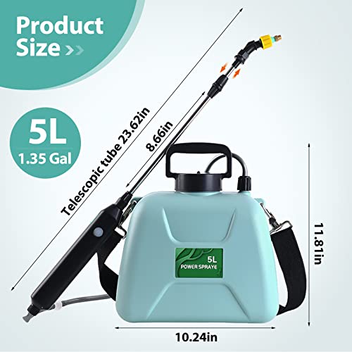 SideKing 1.35 Gallon/5L Battery Powered Sprayer, Electric Sprayer with USB Rechargeable Handle, Portable Garden Sprayer with Telescopic Wand, 3 Mist Nozzles and Adjustable Shoulder Strap