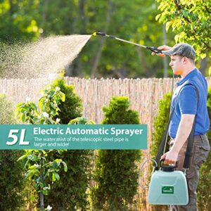 SideKing 1.35 Gallon/5L Battery Powered Sprayer, Electric Sprayer with USB Rechargeable Handle, Portable Garden Sprayer with Telescopic Wand, 3 Mist Nozzles and Adjustable Shoulder Strap