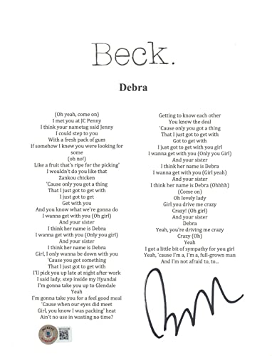 Beck Hansen Signed Autographed Debra Song Lyric 8.5x11 Music Sheet Beckett COA