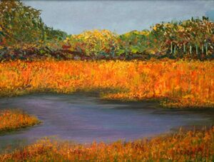 autumn marsh by marcella hirschy of the miramontes, original acrylic on linen, 18″ x 24″