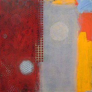 red and gray field with crystal event by alan mazzetti, original acrylic on panel, 30″ x 30″