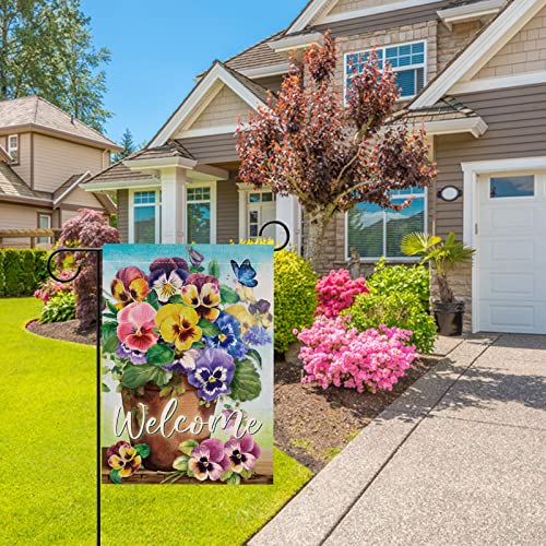 Hzppyz Welcome Spring Pansy Floral Garden Flag Double Sided, Flower Pot Arrangement Decorative House Yard Lawn Outdoor Small Decor, Summer Holiday Butterfly Farmhouse Home Outside Decorations 12 x 18