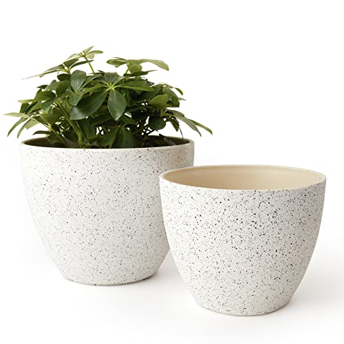 La Jolie Muse Flower Pots Outdoor Garden Planters, Indoor Plant Pots W/ Drainage Holes, Speckled White (8.6 + 7.5 Inch)