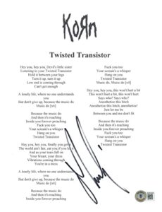 munky james shaffer korn signed twisted transistor lyric page 8.5×11 beckett coa