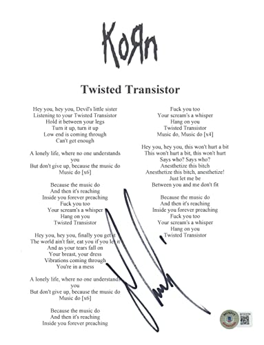 Munky James Shaffer Korn Signed Twisted Transistor Lyric Page 8.5x11 Beckett COA