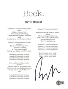 beck hansen signed autographed devils haircut song lyric 8.5×11 page beckett coa