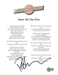 peter frampton signed autographed show me the way lyric sheet 8.5×11 beckett coa