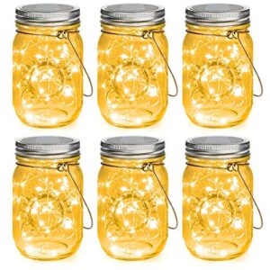 mlambert mason jar solar lights 30 leds, 6 pack hanging solar lights outdoor, waterproof fairy lights solar lanterns for patio garden, hangers and jars included- warm white