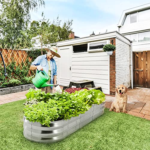 POTEY Galvanized Raised Garden Bed 2Pcs, Metal Planter Boxes Outdoor for Vegetables Flowers Herb, Oval Large Planter Raised Beds Kit with Weed Barrier Fabric and Soil Ventilation Holes (5.7L*1.7W FT)