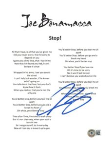 joe bonamassa signed autographed stop! song lyric 8.5×11 music sheet beckett coa