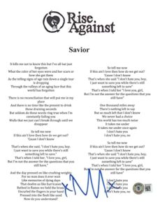 tim mcilrath signed autograph rise against savior lyric sheet 8.5×11 beckett coa