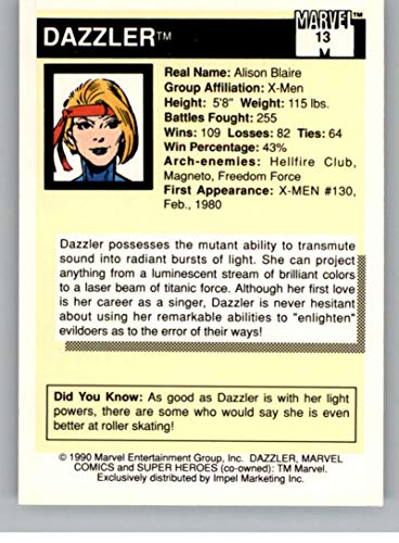 1990 Impel Marvel Universe #13 Dazzler Non Sport Entertainment Trading Card in Raw (NM or Better) Condition