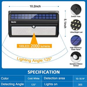 BAXIA TECHNOLOGY Solar Lights Outdoor Waterproof, 100 LED Solar Motion Sensor Lights with Wide Angle Super Bright Security Solar Wall Lights for Garden, Fence, Front Door, Yard, [2 Pack]