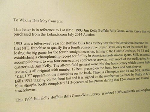 JIM KELLY GAME Worn & Signed 1993 Buffalo Bills Jersey -Lelands Full Letter of Authenticity