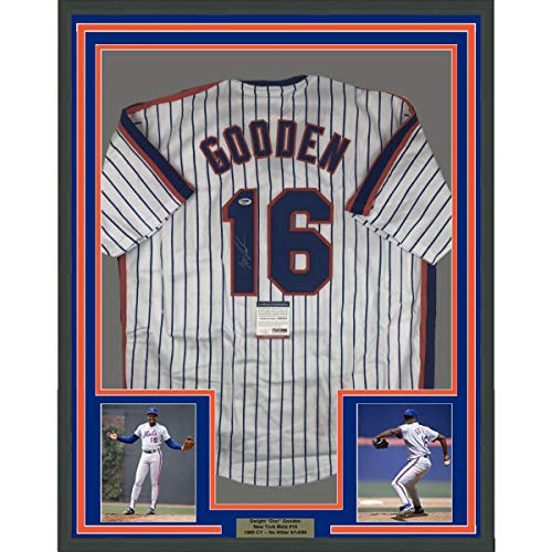 Framed Autographed/Signed Dwight Doc Gooden 33x42 New York Pinstripe Baseball Jersey PSA/DNA COA