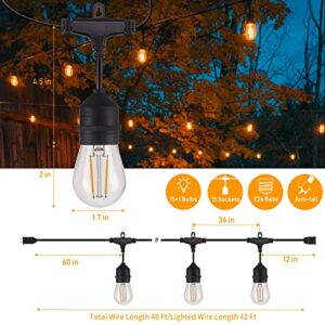 Minetom Outdoor String Lights, 48FT Patio Lights with 15 Shatterproof LED Bulbs, UL Listed Commercial Grade Strand, IP65 Waterproof Hanging Lights for Outside Deck Backyard Garden Party, Warm White