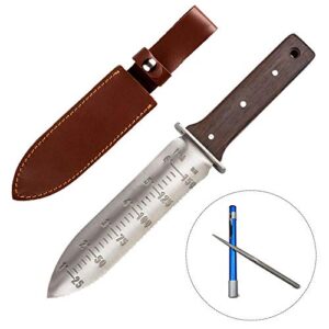 cielcera 12″ hori hori garden knife with free diamond sharpening rod, stainless steel blade with protective handguard and full tang handle, comes with thick sheath and gift box