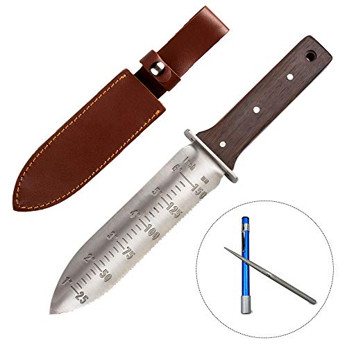 CIELCERA 12" Hori Hori Garden Knife with Free Diamond Sharpening Rod, Stainless Steel Blade with Protective Handguard and Full Tang Handle, Comes with Thick Sheath and Gift Box