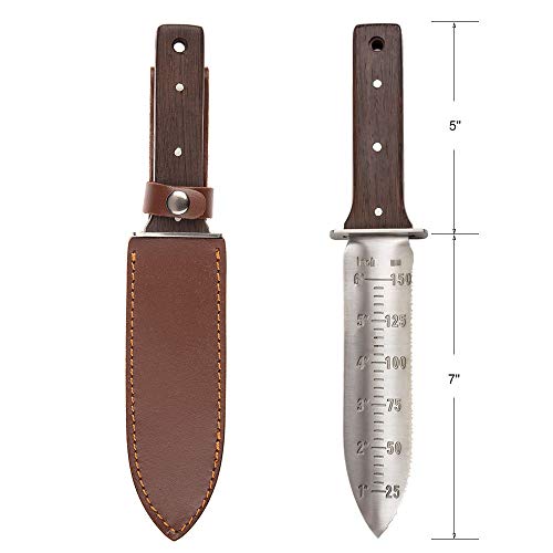 CIELCERA 12" Hori Hori Garden Knife with Free Diamond Sharpening Rod, Stainless Steel Blade with Protective Handguard and Full Tang Handle, Comes with Thick Sheath and Gift Box