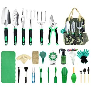 garden tools set gardening gifts tools, heavy duty aluminum hand tool with non-slip ergonomic handle, including garden tote gloves hand rake weeder trowel cultivator transplanter pruner kneeling pad