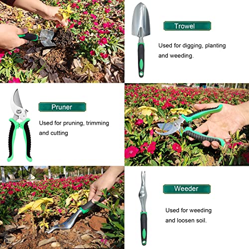 Garden Tools Set Gardening Gifts Tools, Heavy Duty Aluminum Hand Tool with Non-Slip Ergonomic Handle, Including Garden Tote Gloves Hand Rake Weeder Trowel Cultivator Transplanter Pruner Kneeling Pad