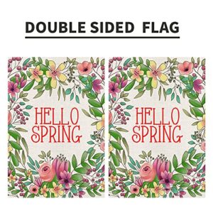 Hello Spring Floral Garden Flag 12x18 Inch Double Sided Burlap Outside, Seasonal Yard Farmhouse Outdoor Decor DF230