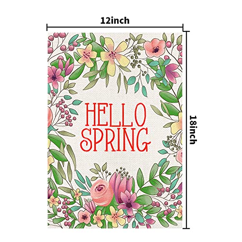 Hello Spring Floral Garden Flag 12x18 Inch Double Sided Burlap Outside, Seasonal Yard Farmhouse Outdoor Decor DF230