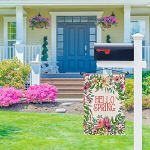 Hello Spring Floral Garden Flag 12x18 Inch Double Sided Burlap Outside, Seasonal Yard Farmhouse Outdoor Decor DF230