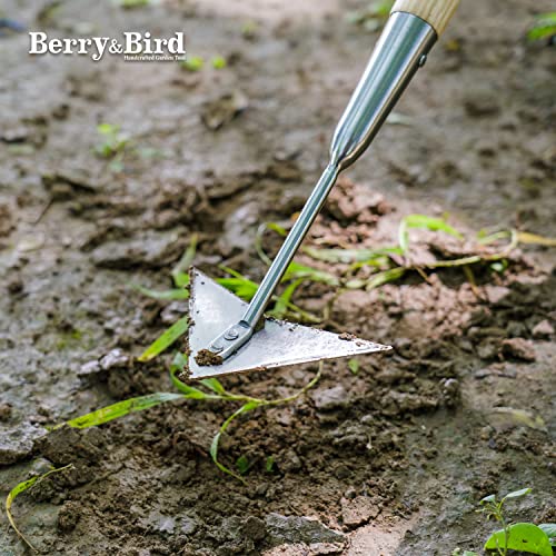 Berry&Bird Triangle Hoe, 60.2'' Winged Weeder Hoe with Long Wood Handle, Gardener Stainless Steel Warren Hoe, Garden Weeder Hoe Tool for Gardening Weeding Digging Soil Loosening Edging & Cultivating