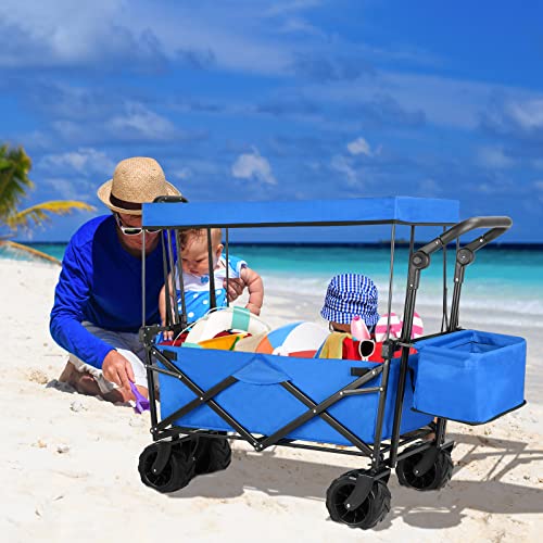 AthLike Collapsible Wagon Folding Garden Cart w/Removable Canopy, Extra Large Heavy Duty Portable Camping Beach Utilit Cart w/Adjustable Push Pull Handle, 7" Wide All-Terrain Wheel for Shopping Picnic