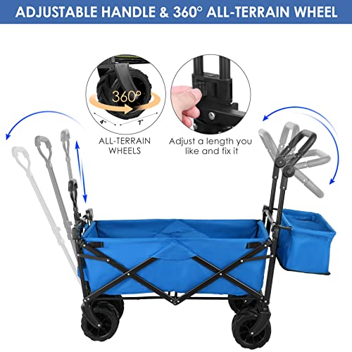 AthLike Collapsible Wagon Folding Garden Cart w/Removable Canopy, Extra Large Heavy Duty Portable Camping Beach Utilit Cart w/Adjustable Push Pull Handle, 7" Wide All-Terrain Wheel for Shopping Picnic