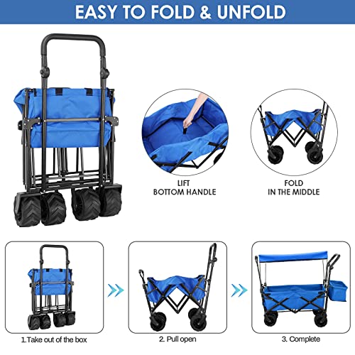 AthLike Collapsible Wagon Folding Garden Cart w/Removable Canopy, Extra Large Heavy Duty Portable Camping Beach Utilit Cart w/Adjustable Push Pull Handle, 7" Wide All-Terrain Wheel for Shopping Picnic