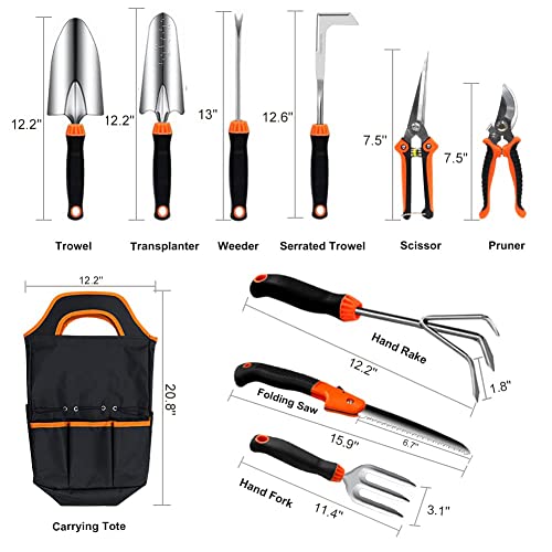 Garden Tool Set,10 PCS Stainless Steel Heavy Duty Gardening Tool Set with Soft Rubberized Non-Slip Ergonomic Handle Storage Tote Bag,Gardening Tool Set Gift for Women and Men