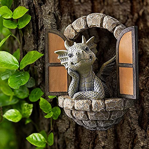 Newzeroin Lovely Courtyard Dragon Sculpture Resin,Decorative Outdoor Dragon Garden Statue,Window Shape Garden Dragon Statue,Wall Art Decor Indoor Outdoor (A)