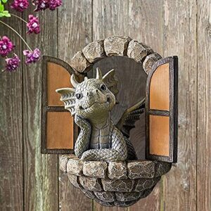 Newzeroin Lovely Courtyard Dragon Sculpture Resin,Decorative Outdoor Dragon Garden Statue,Window Shape Garden Dragon Statue,Wall Art Decor Indoor Outdoor (A)