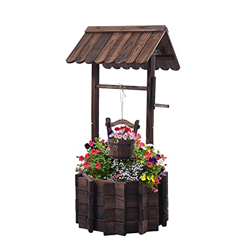 Notume Wooden Wishing Wells for Outdoors with Hanging Bucket , Wishing Well Planters Rustic Style Patio Garden Ornamental, Brown