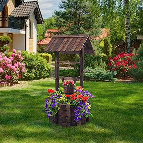 Notume Wooden Wishing Wells for Outdoors with Hanging Bucket , Wishing Well Planters Rustic Style Patio Garden Ornamental, Brown